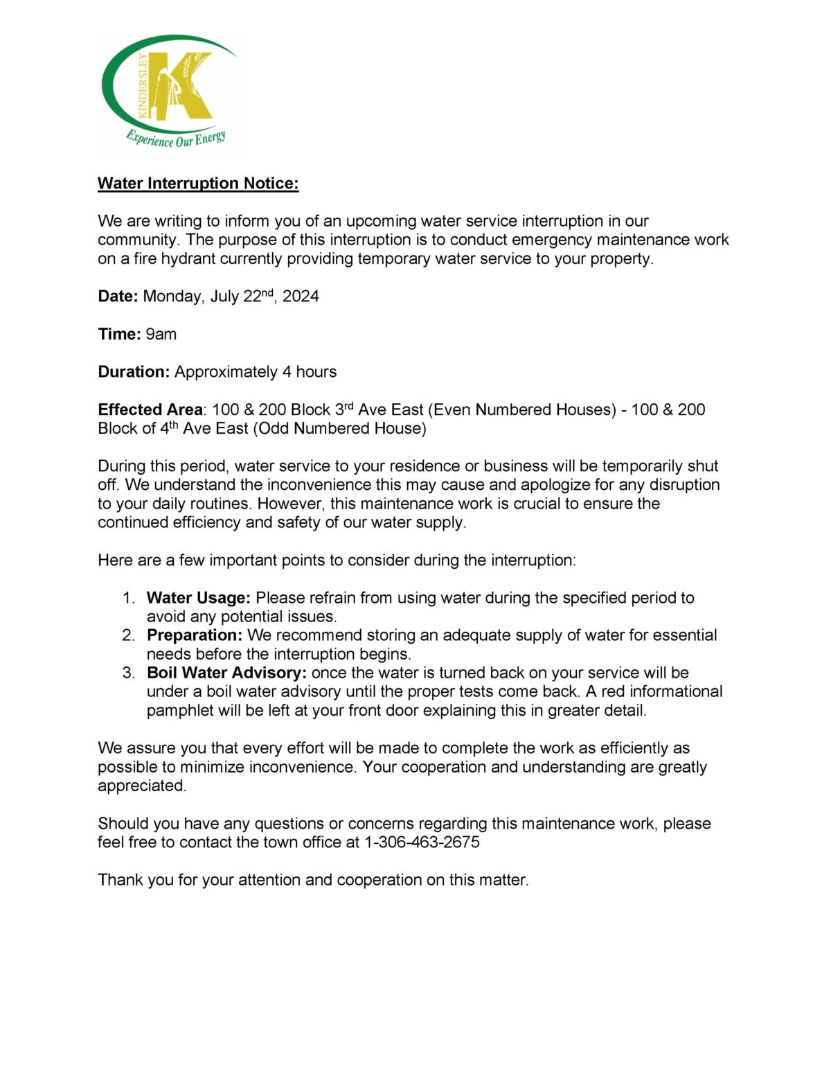Water Interruption Notice - Town of Kindersley